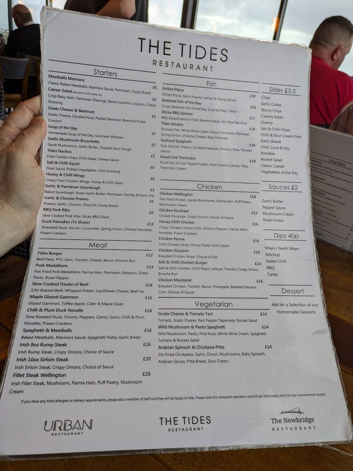 Menu at The Tides Restaurant, Portrush