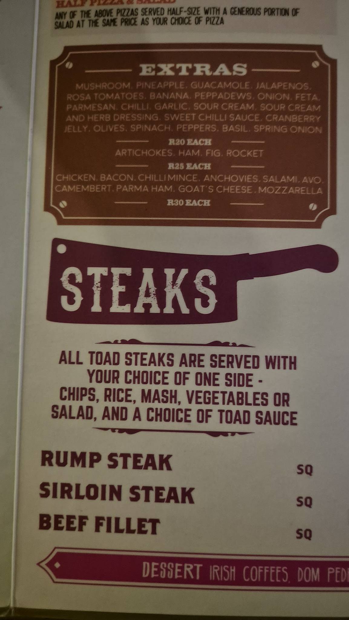 Menu at The Toad on the Road restaurant, Cape Town, Main Rd