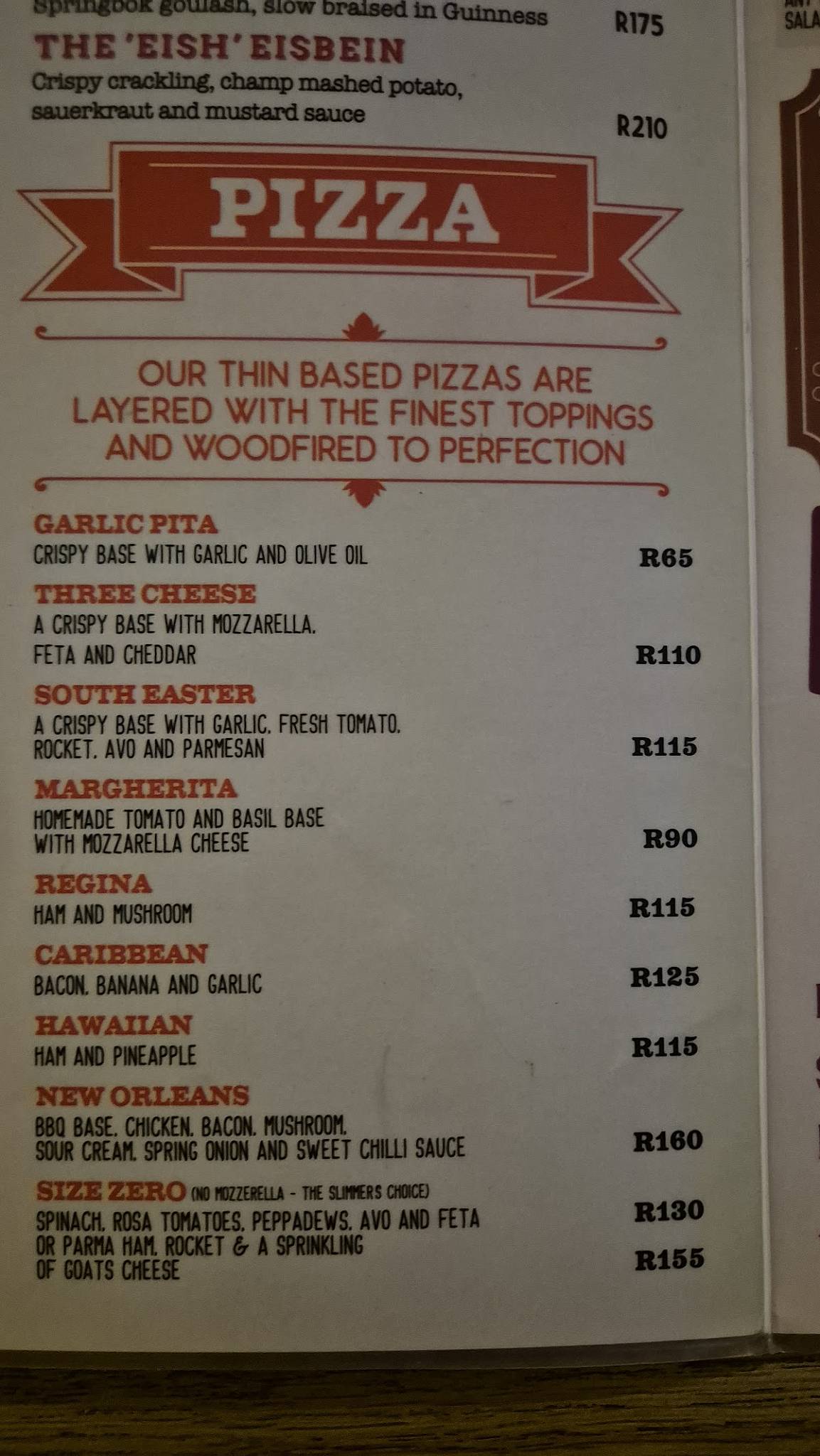 Menu at The Toad on the Road restaurant, Cape Town, Main Rd