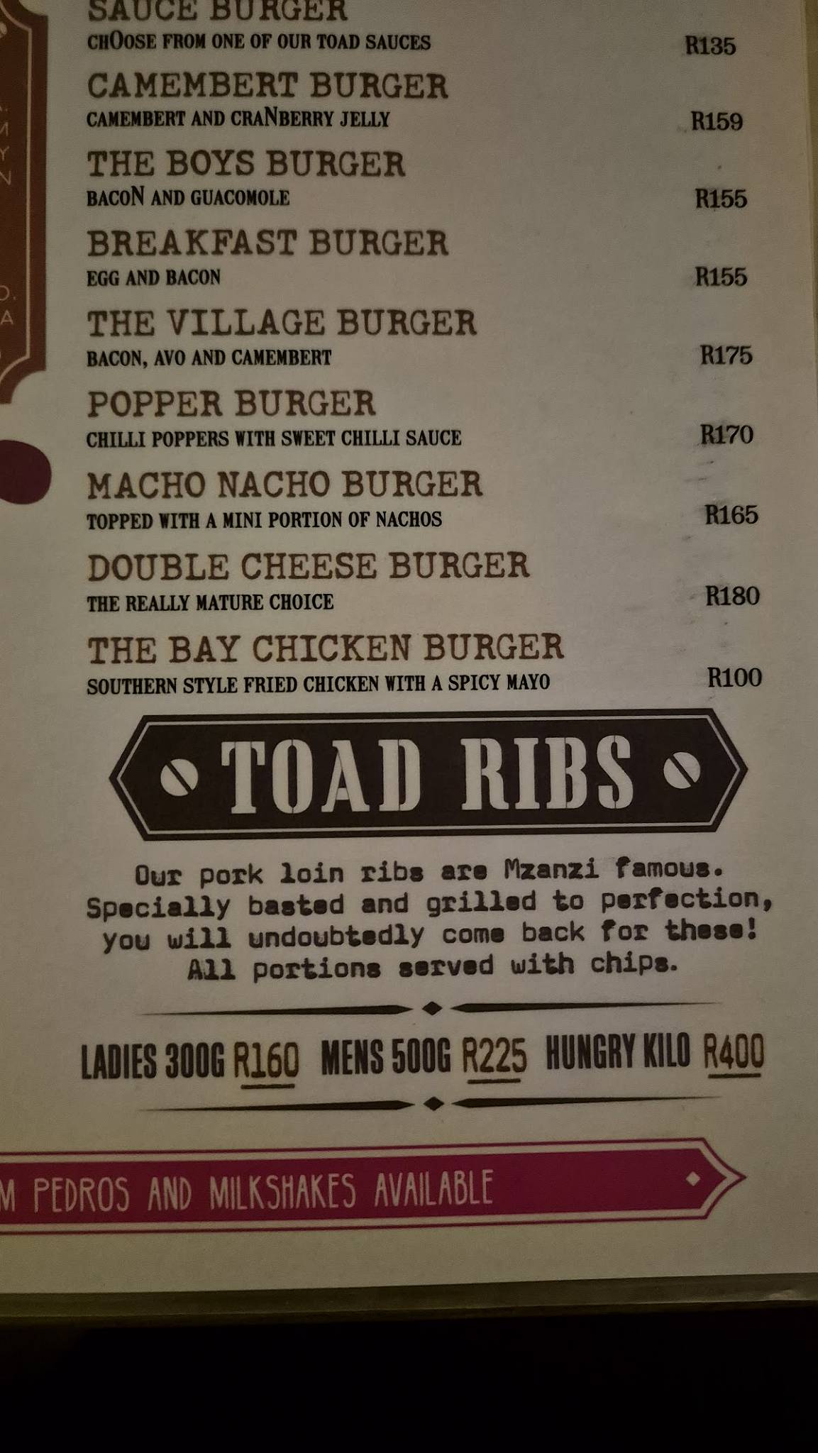 Menu at The Toad on the Road restaurant, Cape Town, Main Rd