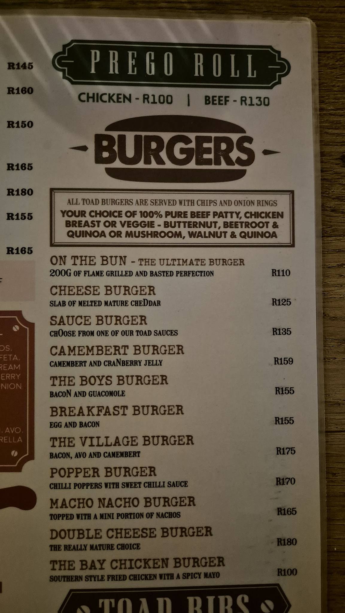 Menu at The Toad on the Road restaurant, Cape Town, Main Rd