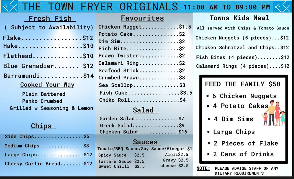 Menu at The Town Fryer Fish & Chip and Pizza Restaurant, Halls Gap