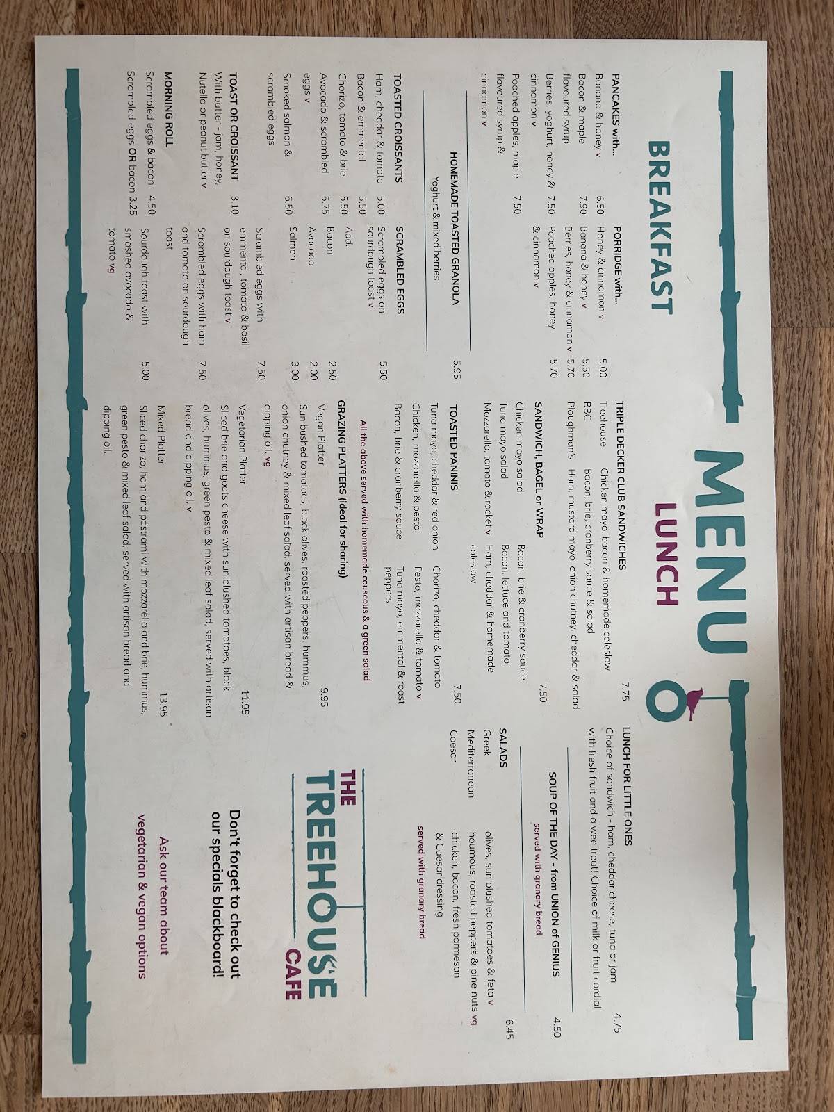 Menu at The Treehouse Cafe, Edinburgh