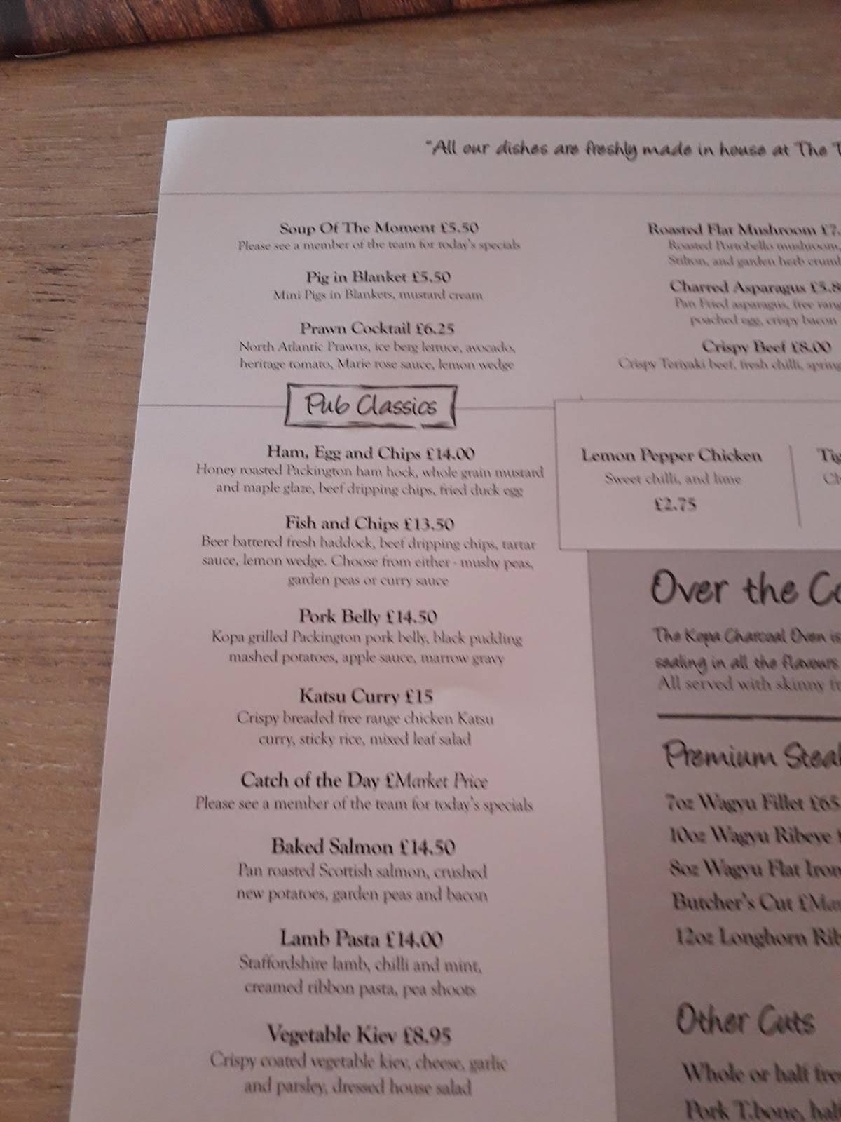 Menu at The Trooper restaurant, Lichfield