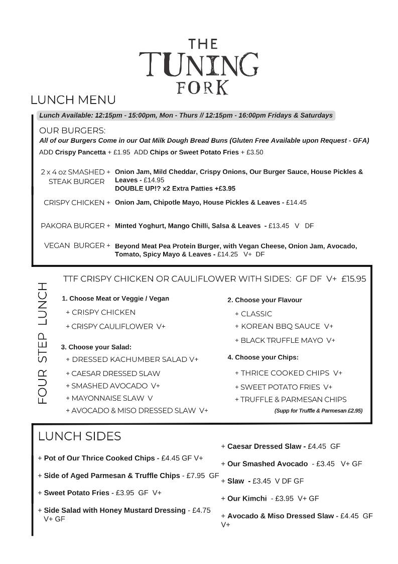 Menu at The Tuning Fork restaurant, Rugby