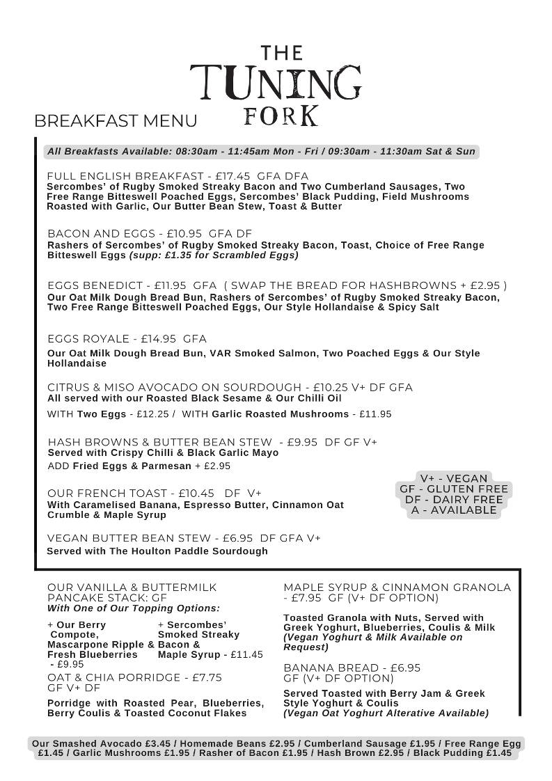 Menu at The Tuning Fork restaurant, Rugby