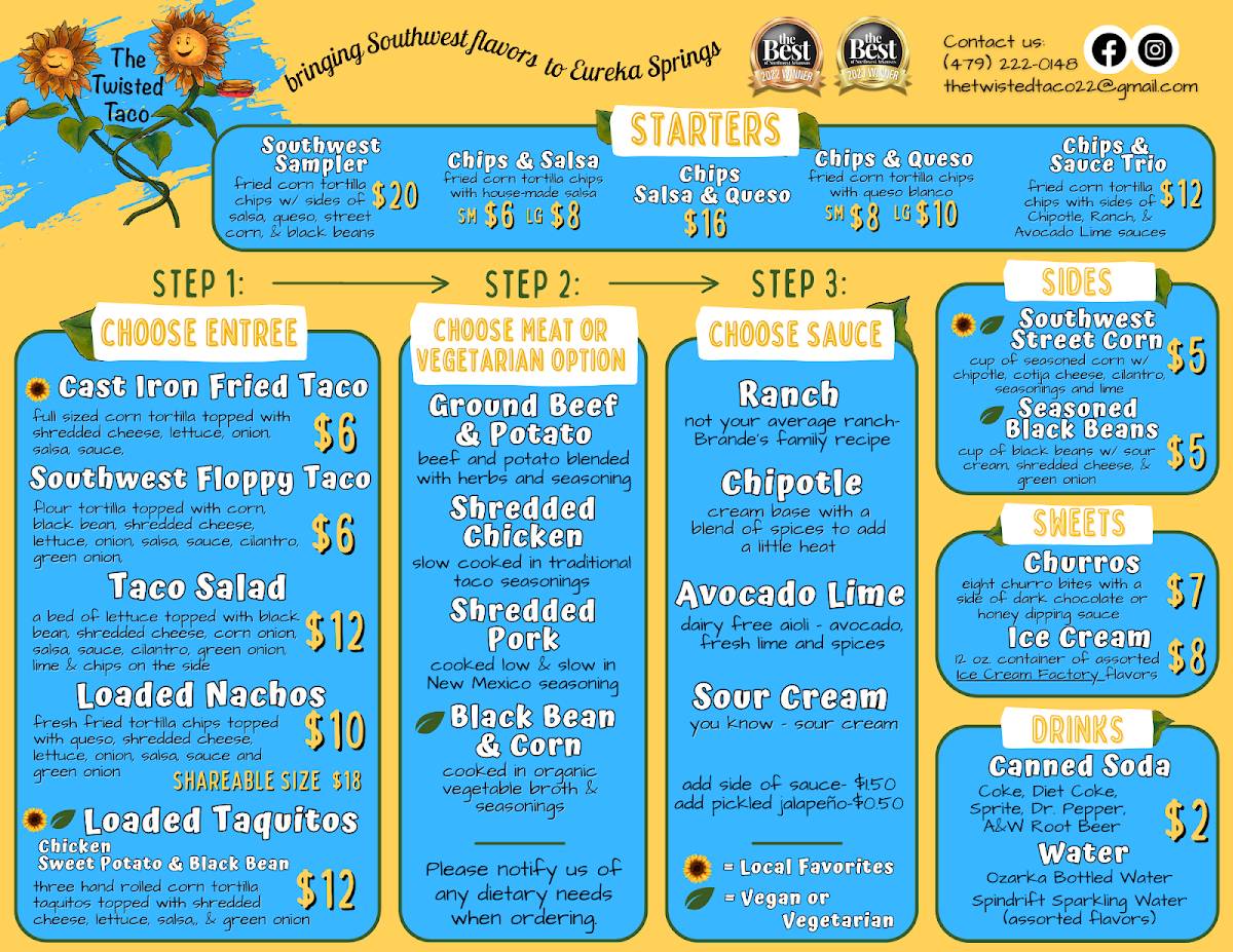 Menu at The Twisted Taco @ Gotahold Brewing restaurant, Eureka Springs