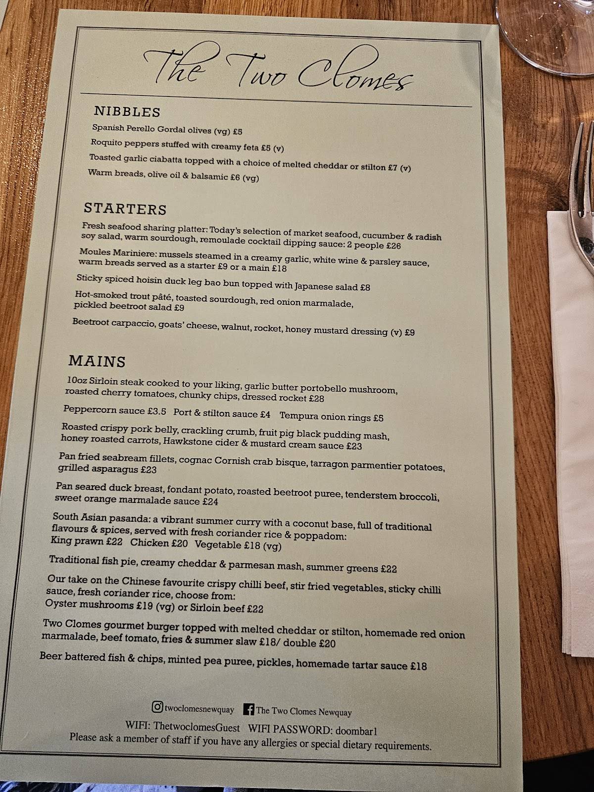 Menu at The Two Clomes pub & bar, Newquay