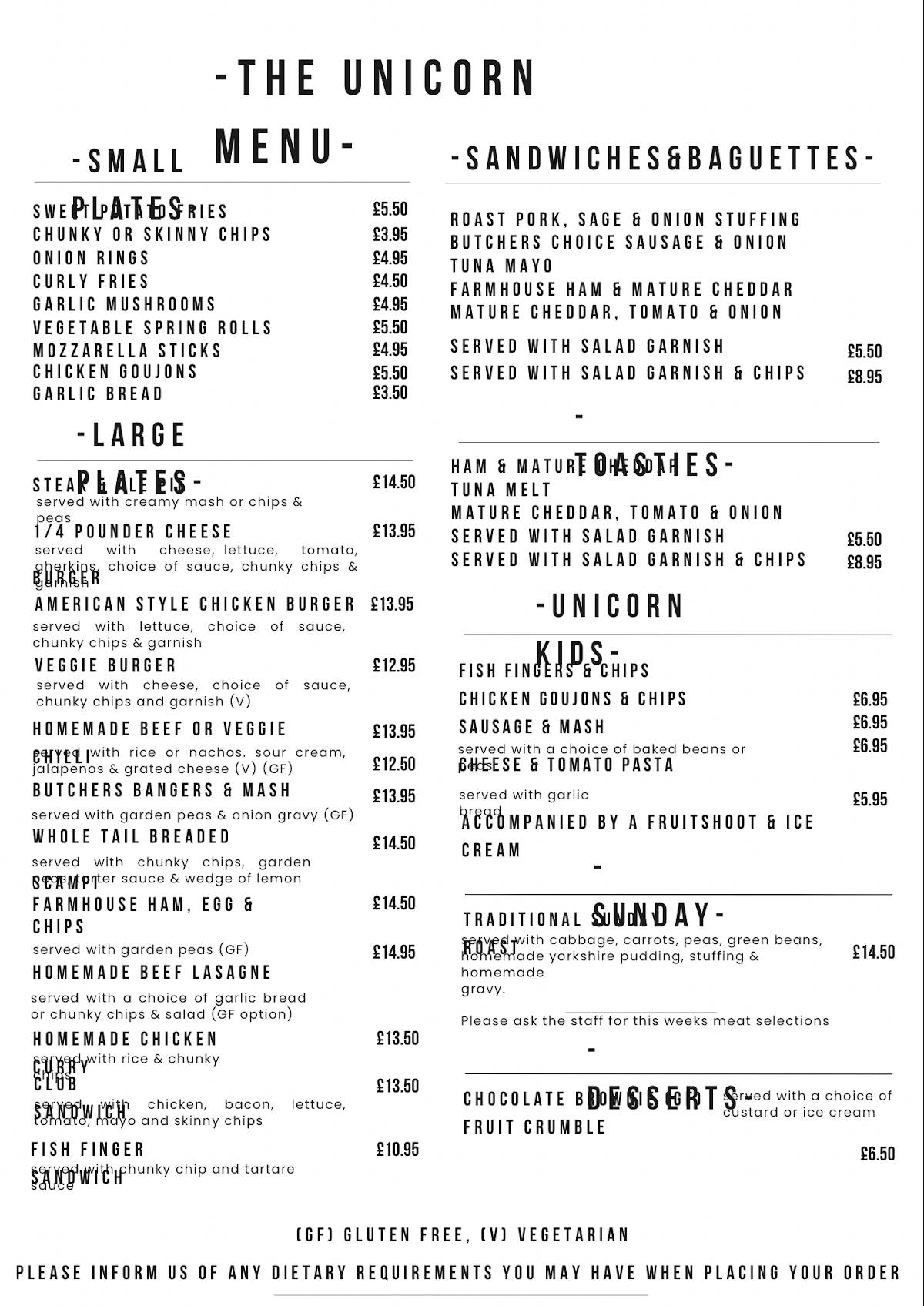 Menu at The Unicorn Pub, Kings Langley, 38 Gallows Hill