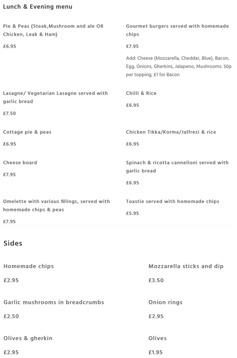Menu at The Union hotel pub & bar, Sheffield