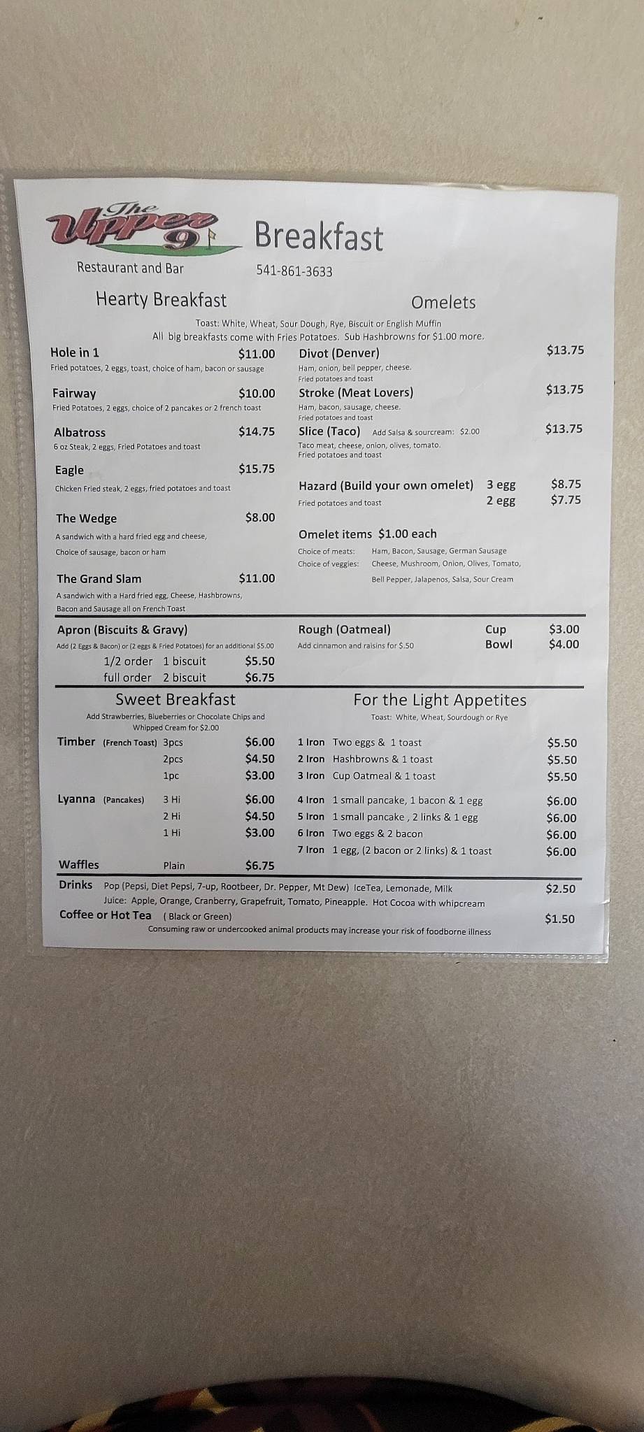 Menu at The Upper 9 pub & bar, Milton-Freewater