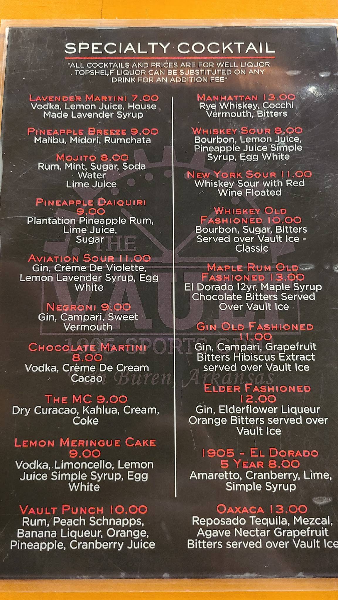 Menu at The Vault 1905 Sports Grill restaurant, Van Buren