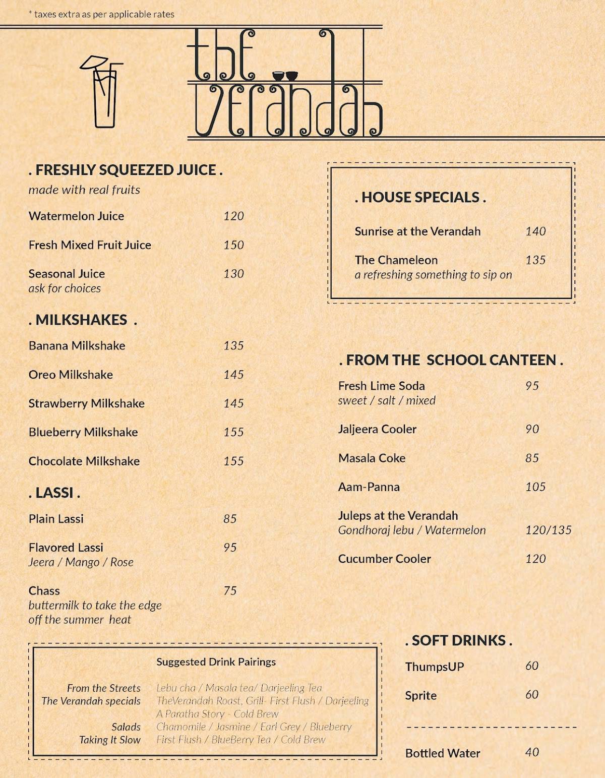 Menu at The Verandah, Kolkata