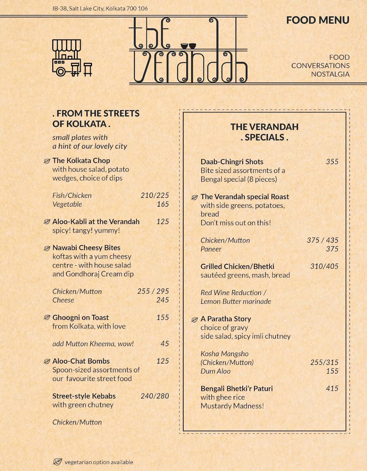 Menu at The Verandah, Kolkata