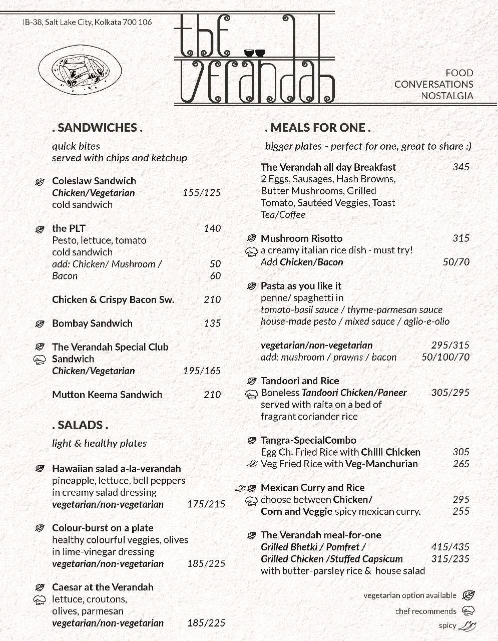 Menu at The Verandah, Kolkata