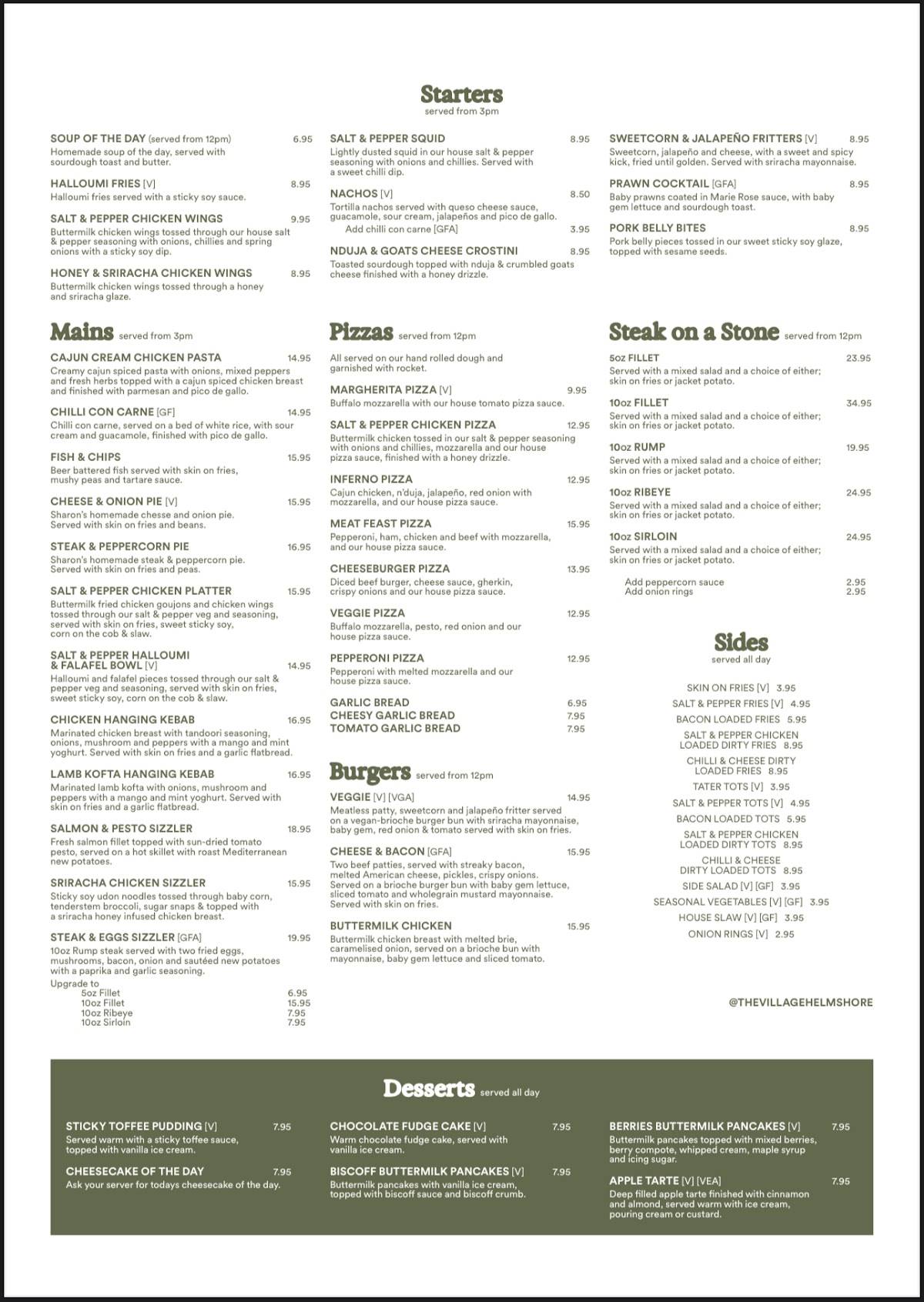 Menu at The Village restaurant, Haslingden