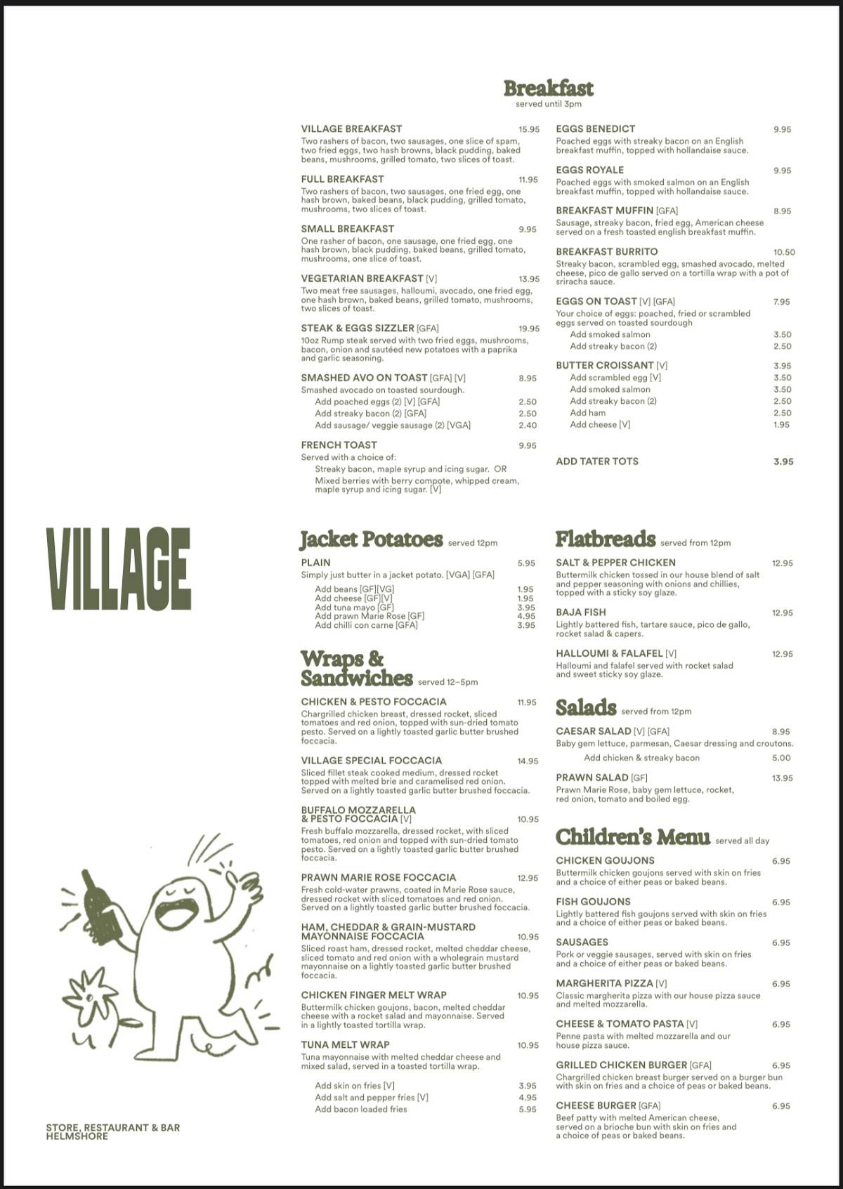 Menu at The Village restaurant, Haslingden