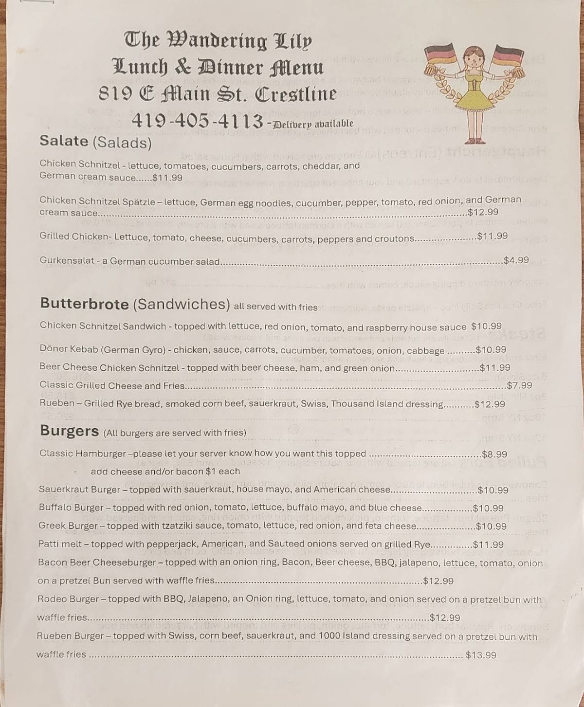 Menu at The Wandering Lily Diner restaurant, Crestline