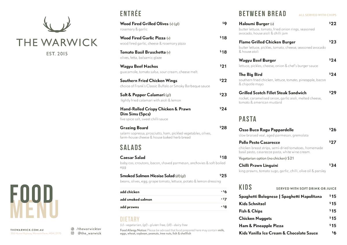 Menu at The Warwick pub & bar, Cabramatta