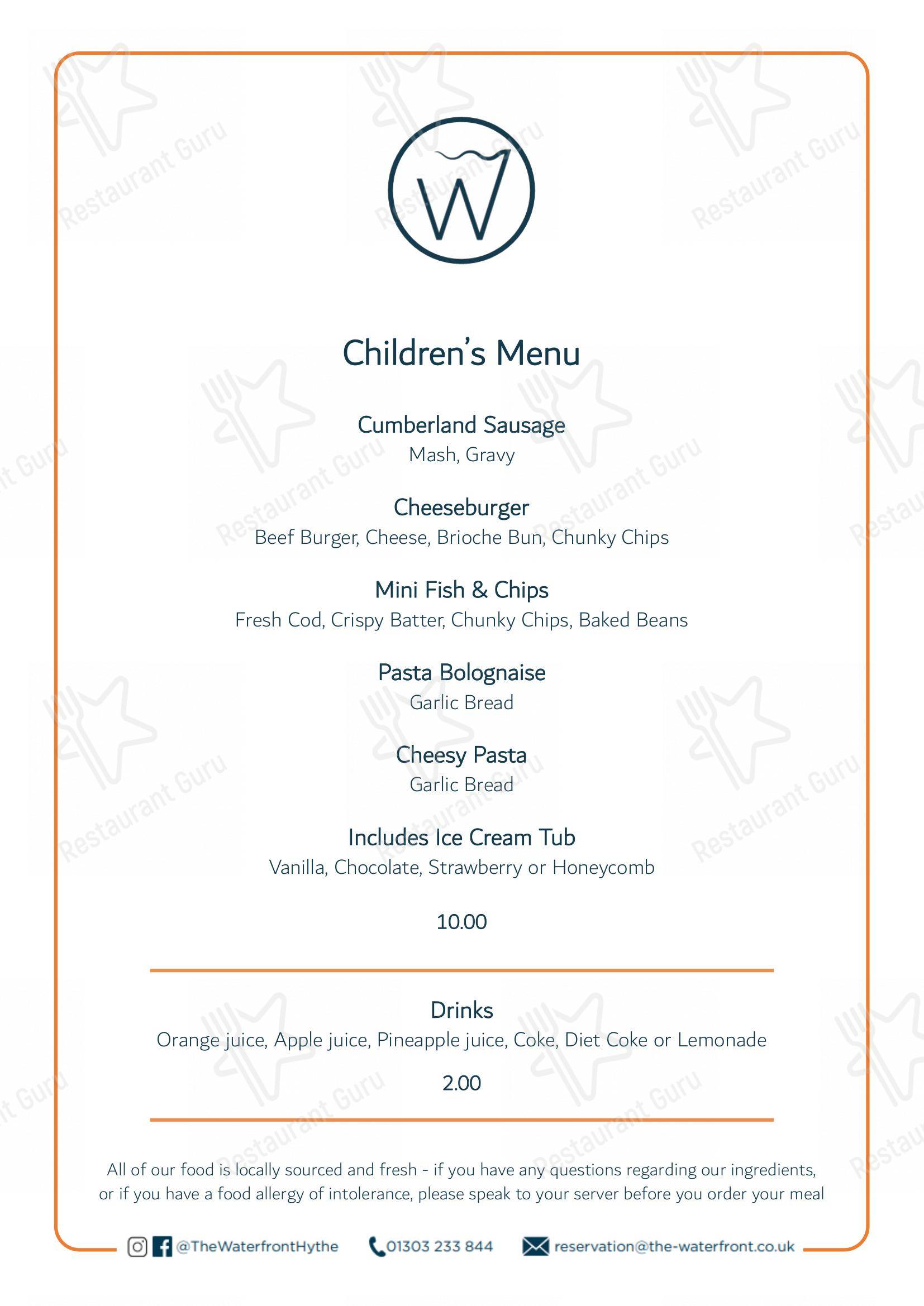 Menu at The Waterfront Hythe restaurant, Hythe