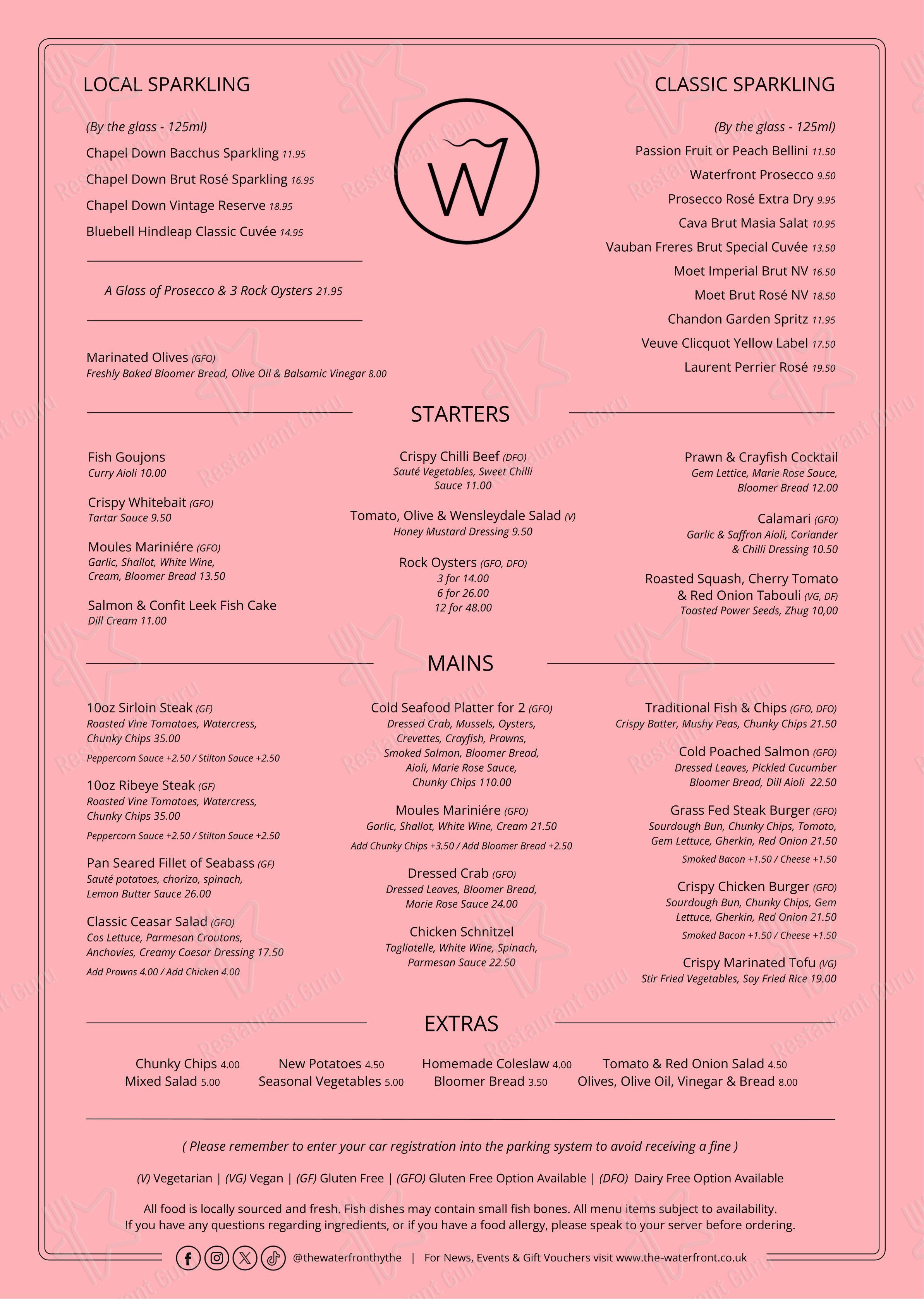 Menu at The Waterfront Hythe restaurant, Hythe