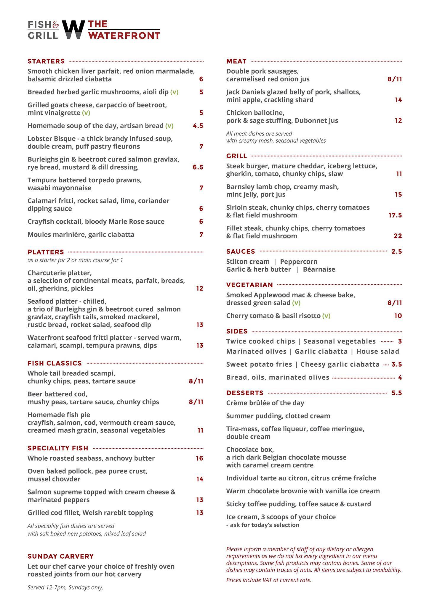 Menu at The Waterfront restaurant, Market Harborough