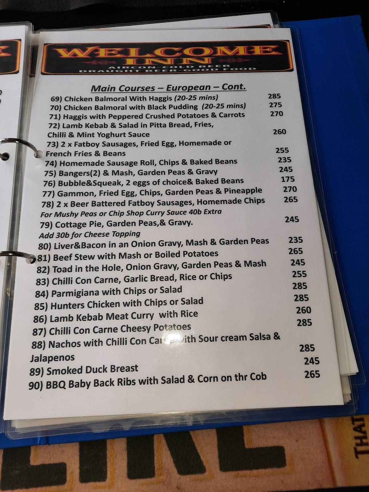 Menu at The Welcome Inn Maprachan restaurant, Pong