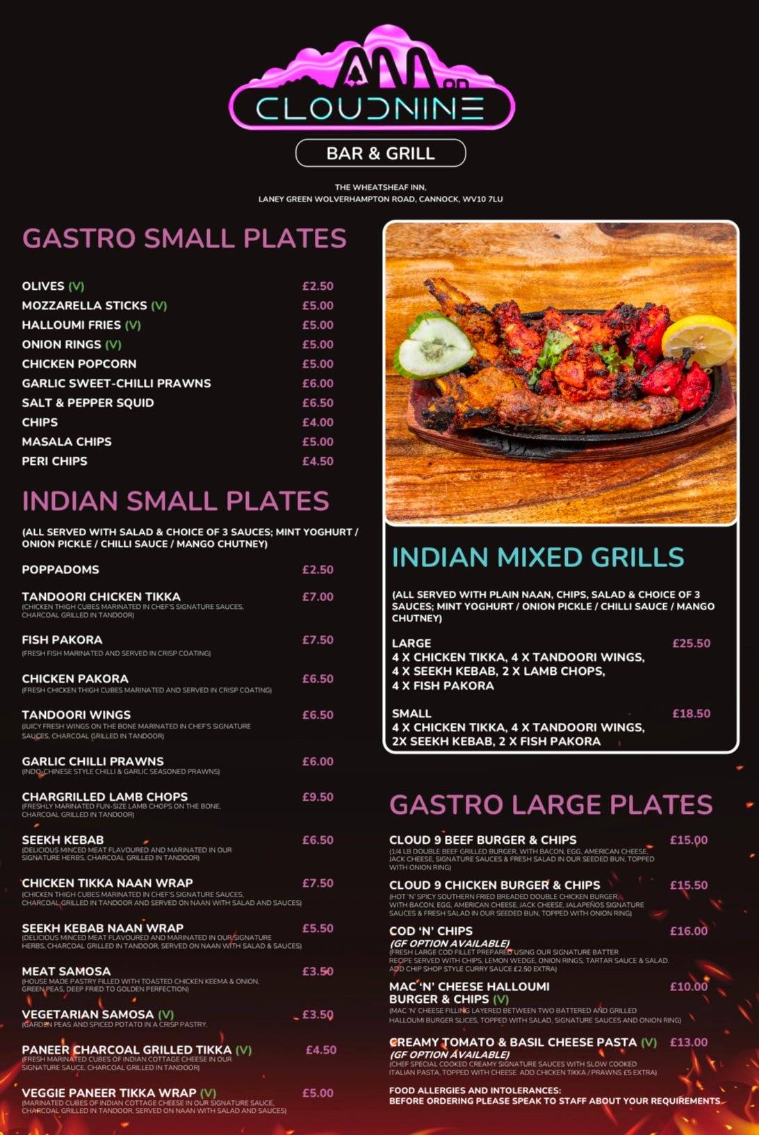Menu at Cloud Nine Bar & Grill at The Wheatsheaf Inn, Laney Green ...