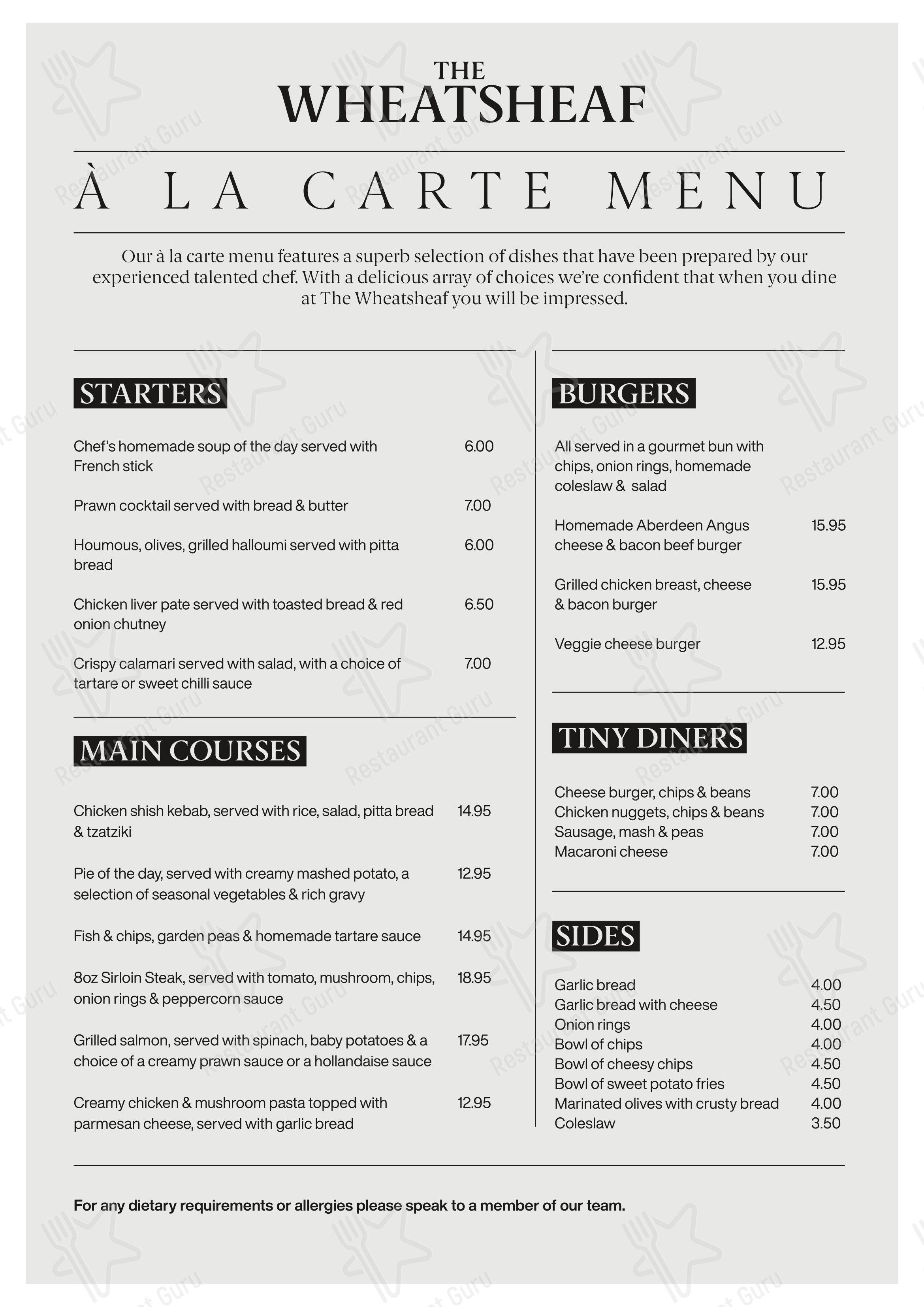 Menu at The Wheatsheaf West Wickham pub & bar, West Wickham, 135 High St