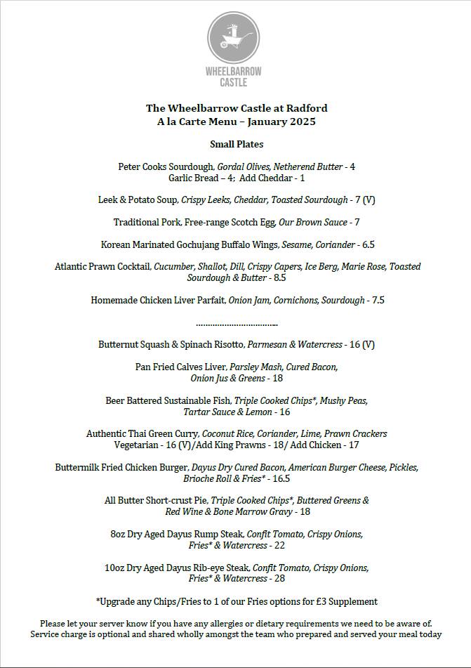 Menu at The Wheelbarrow Castle, Inkberrow