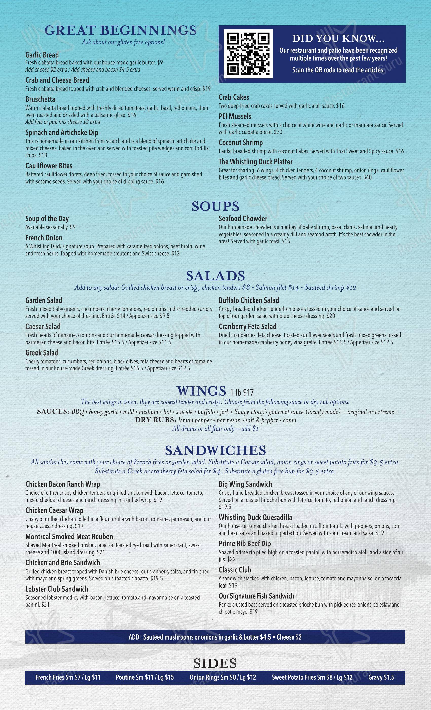 Menu at The Whistling Duck restaurant, Brighton