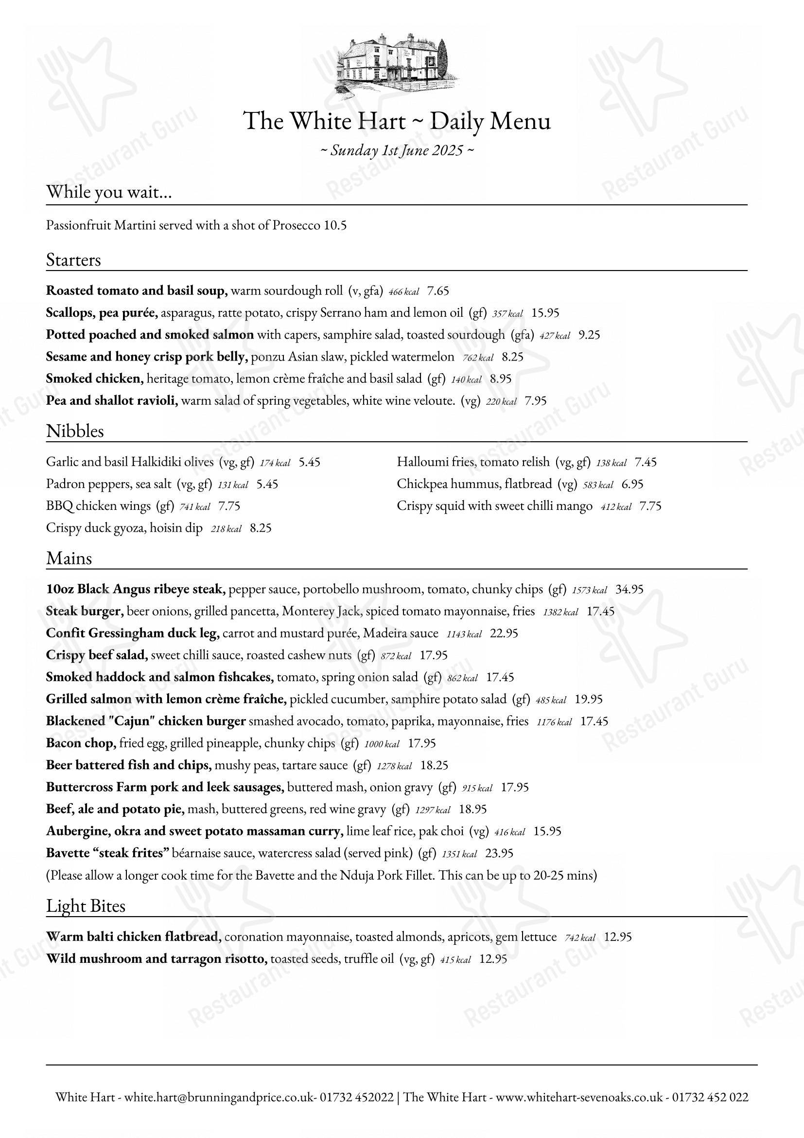 Menu at The White Hart pub & bar, Sevenoaks, Tonbridge Rd