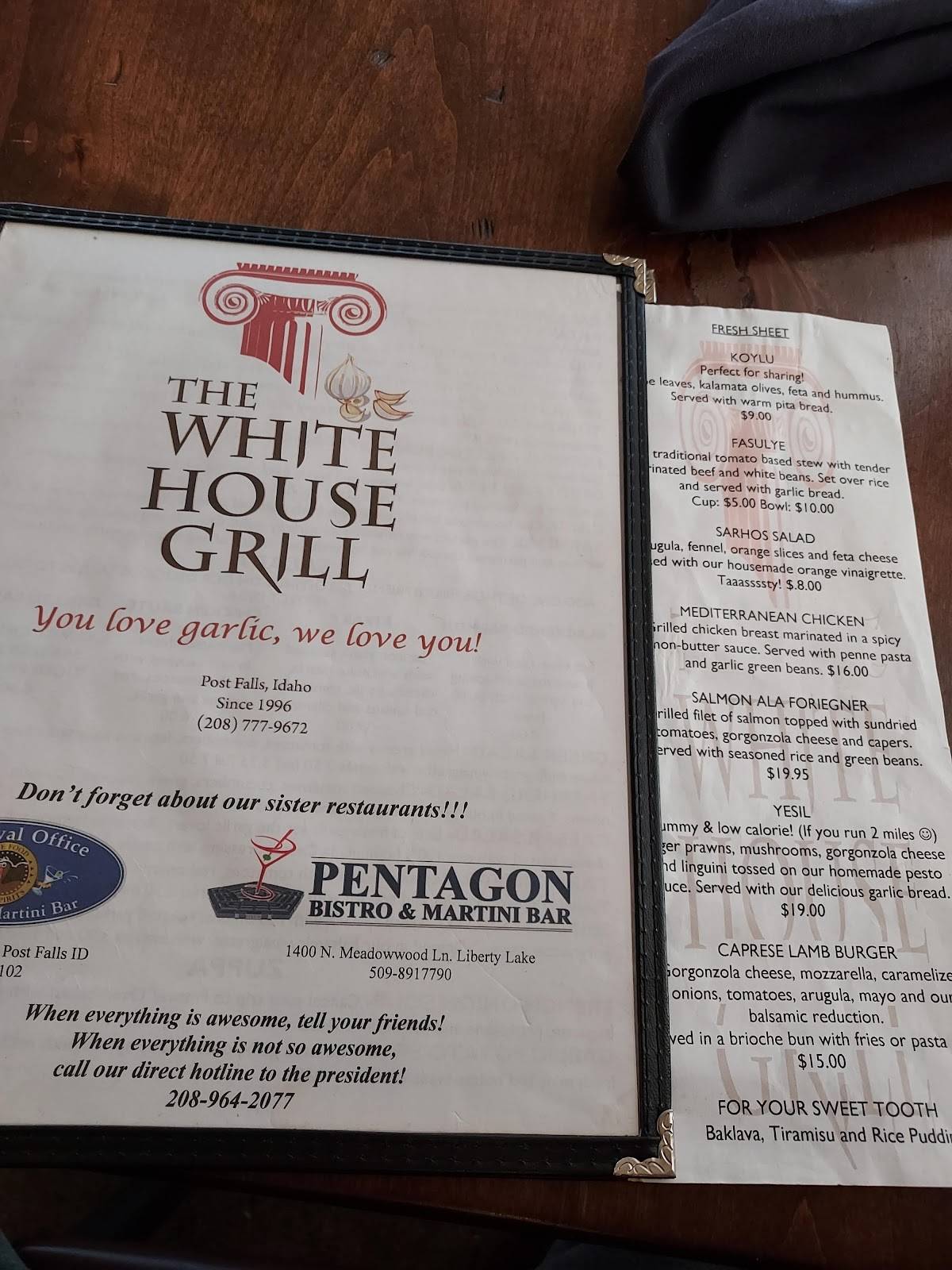 Menu at The White House Grill restaurant, Post Falls