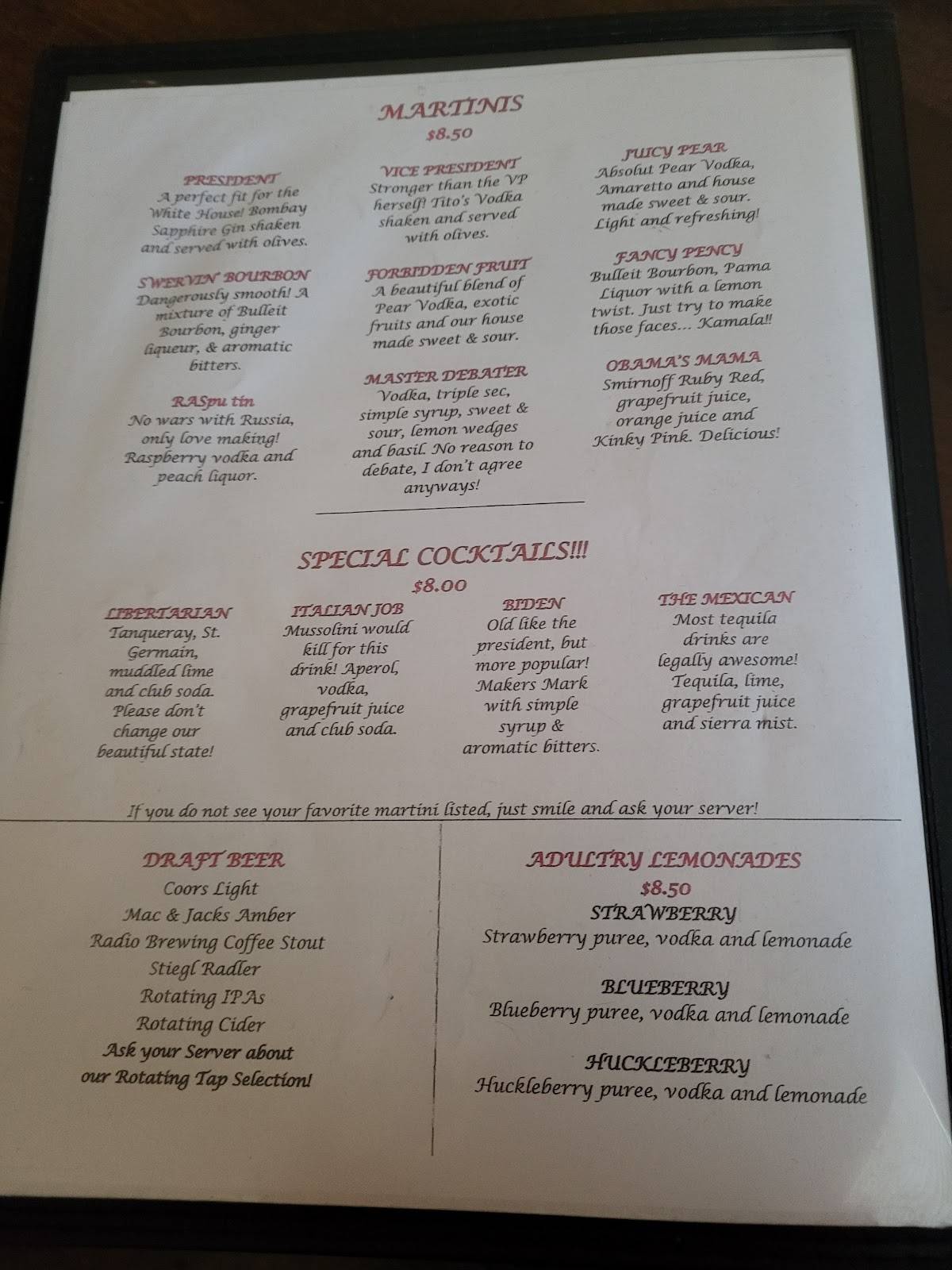 Menu at The White House Grill restaurant, Post Falls