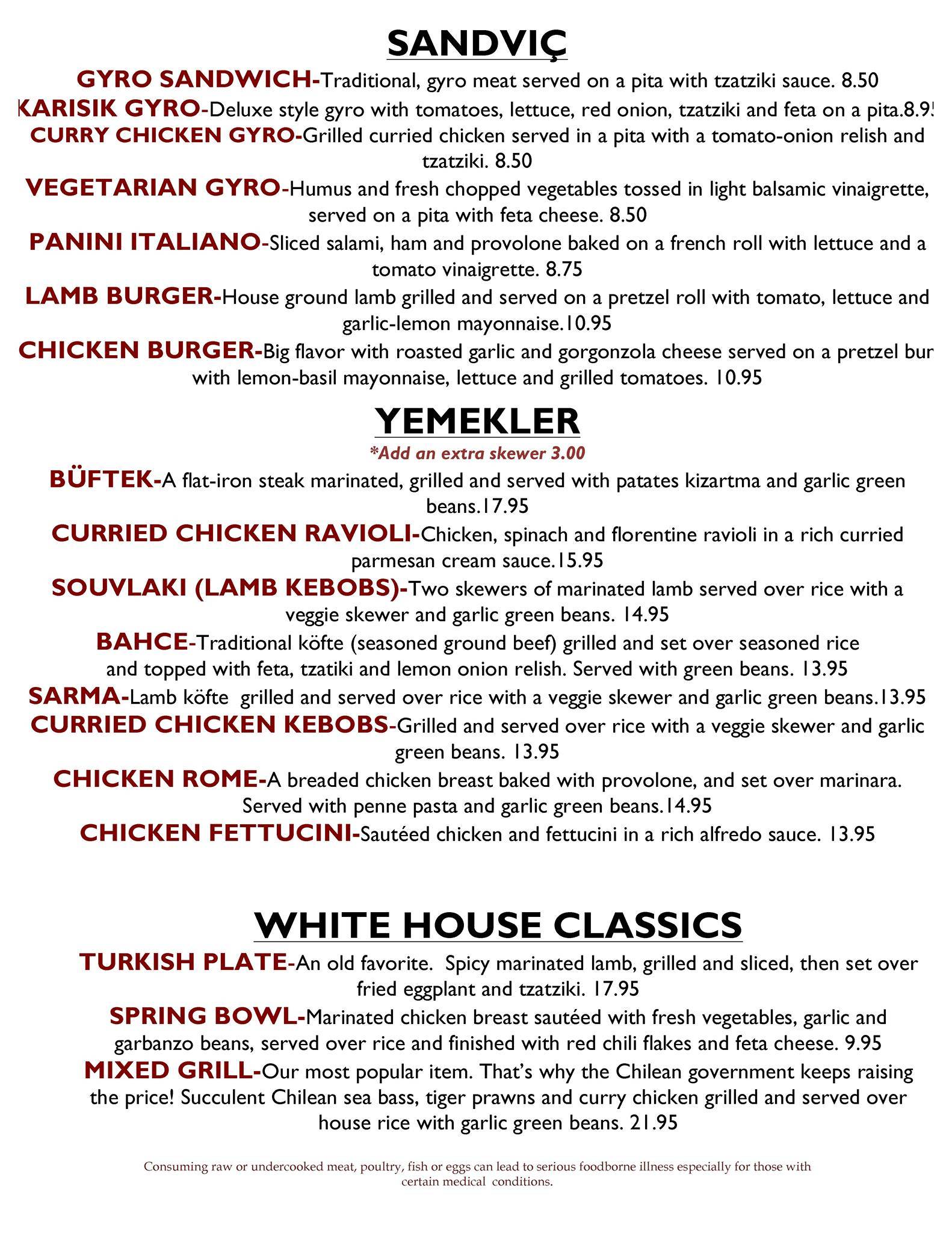 Menu at The White House Grill restaurant, Post Falls