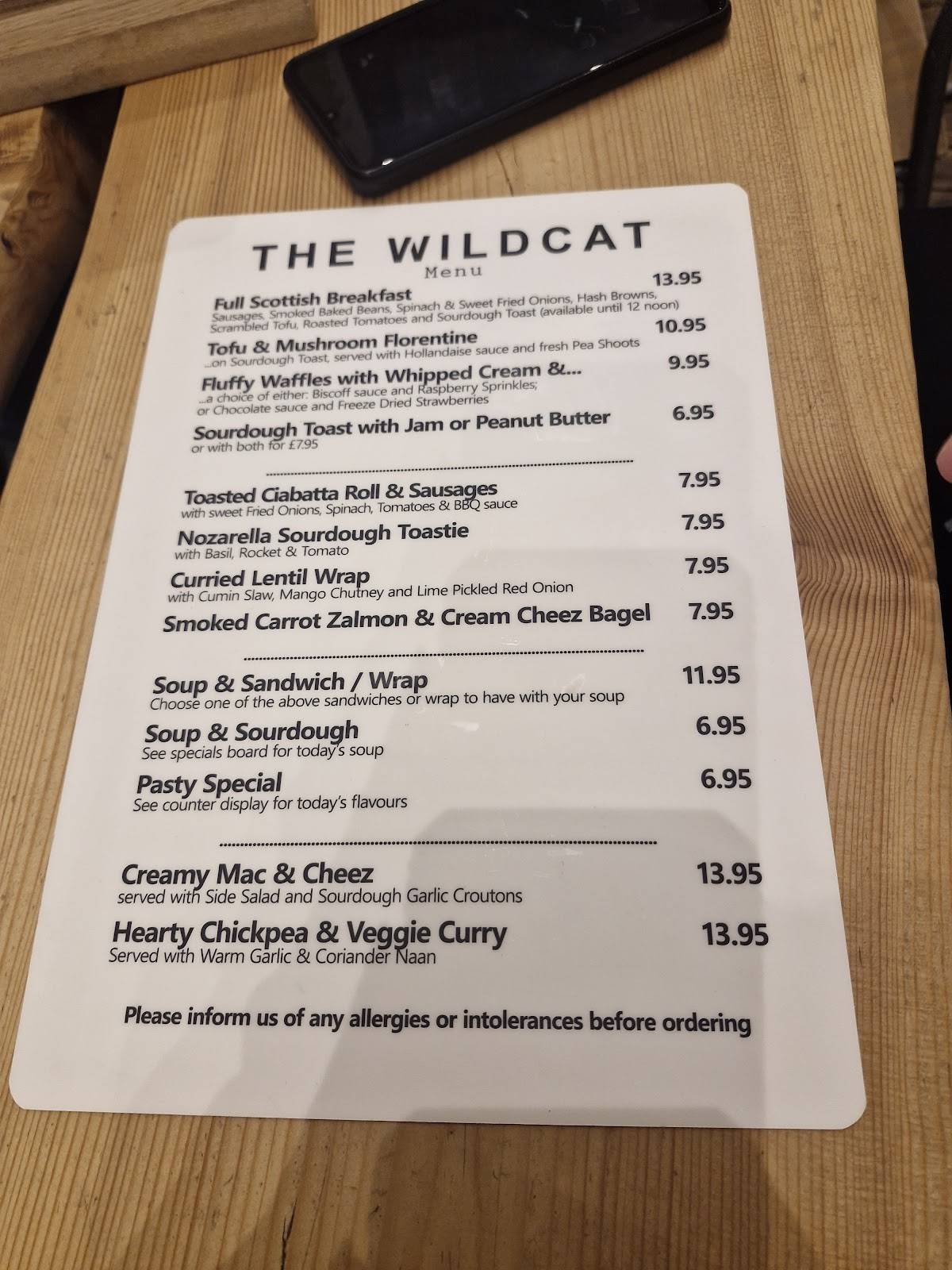 Menu at The Wildcat cafe, Fort William