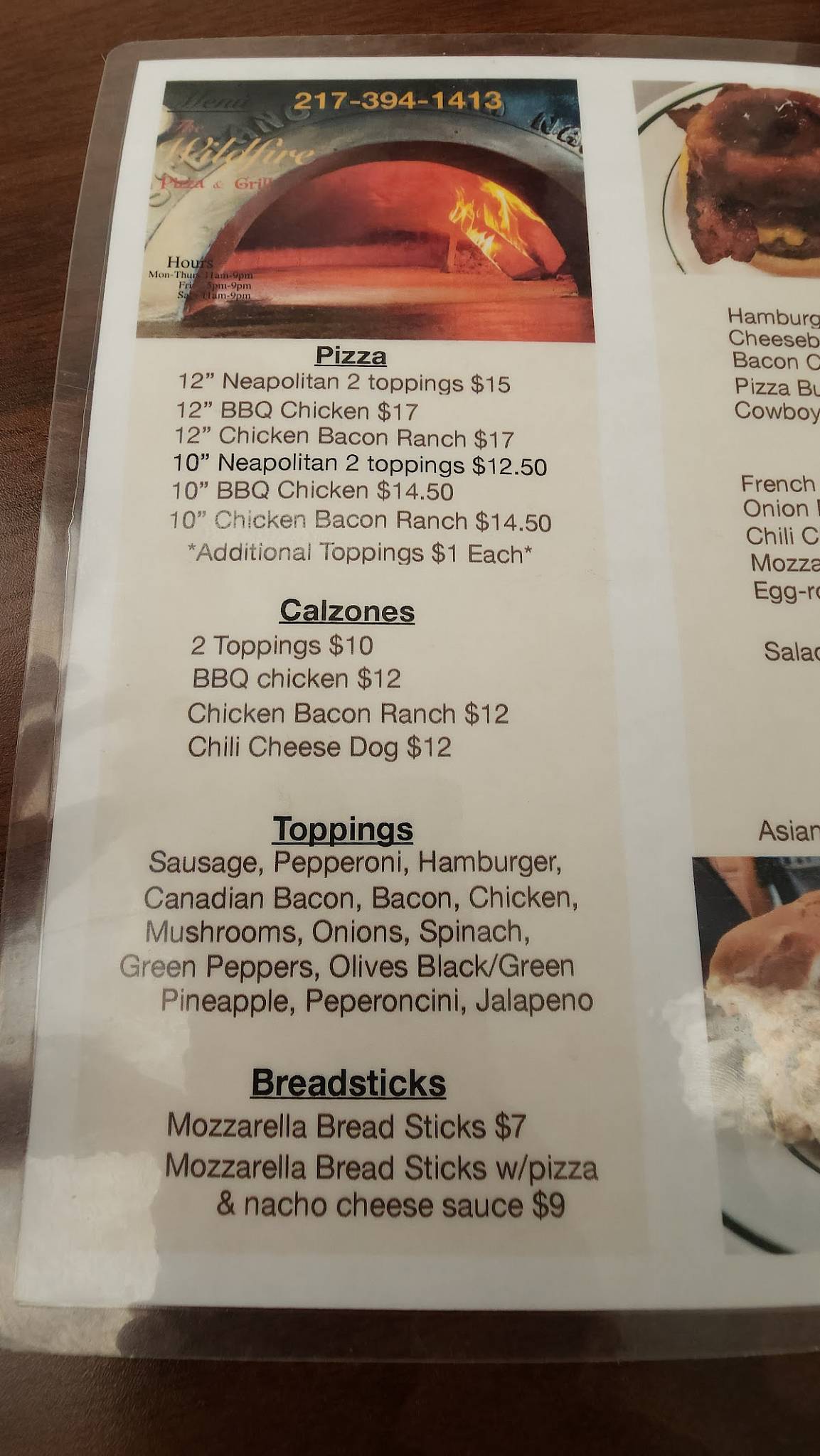 Menu at The Wildfire Pizza & Grill BBQ, Buckley