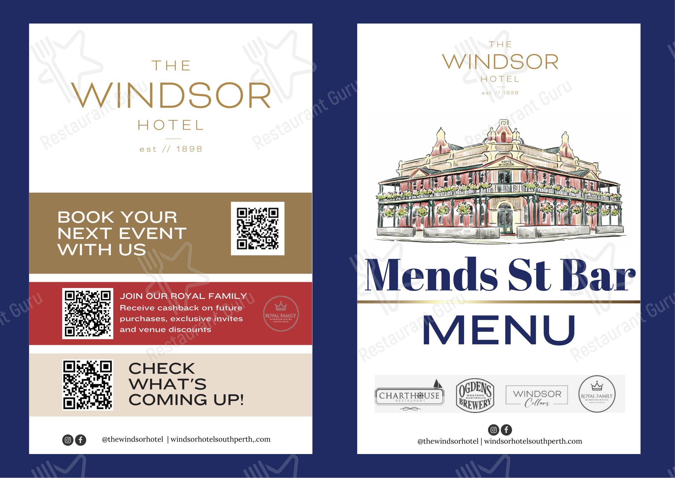 Menu at The Windsor Hotel restaurant, South Perth