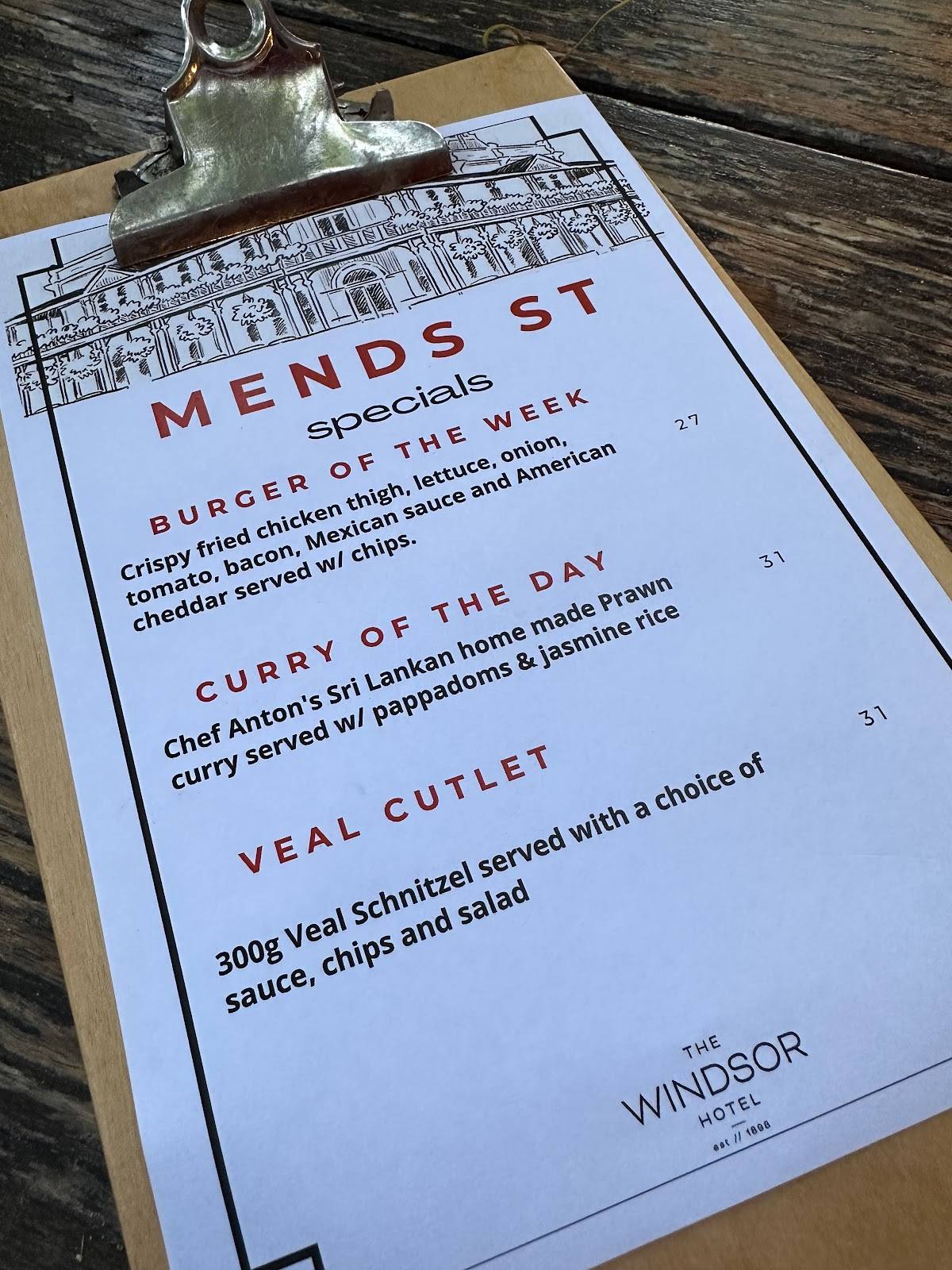 Menu at The Windsor Hotel restaurant, South Perth