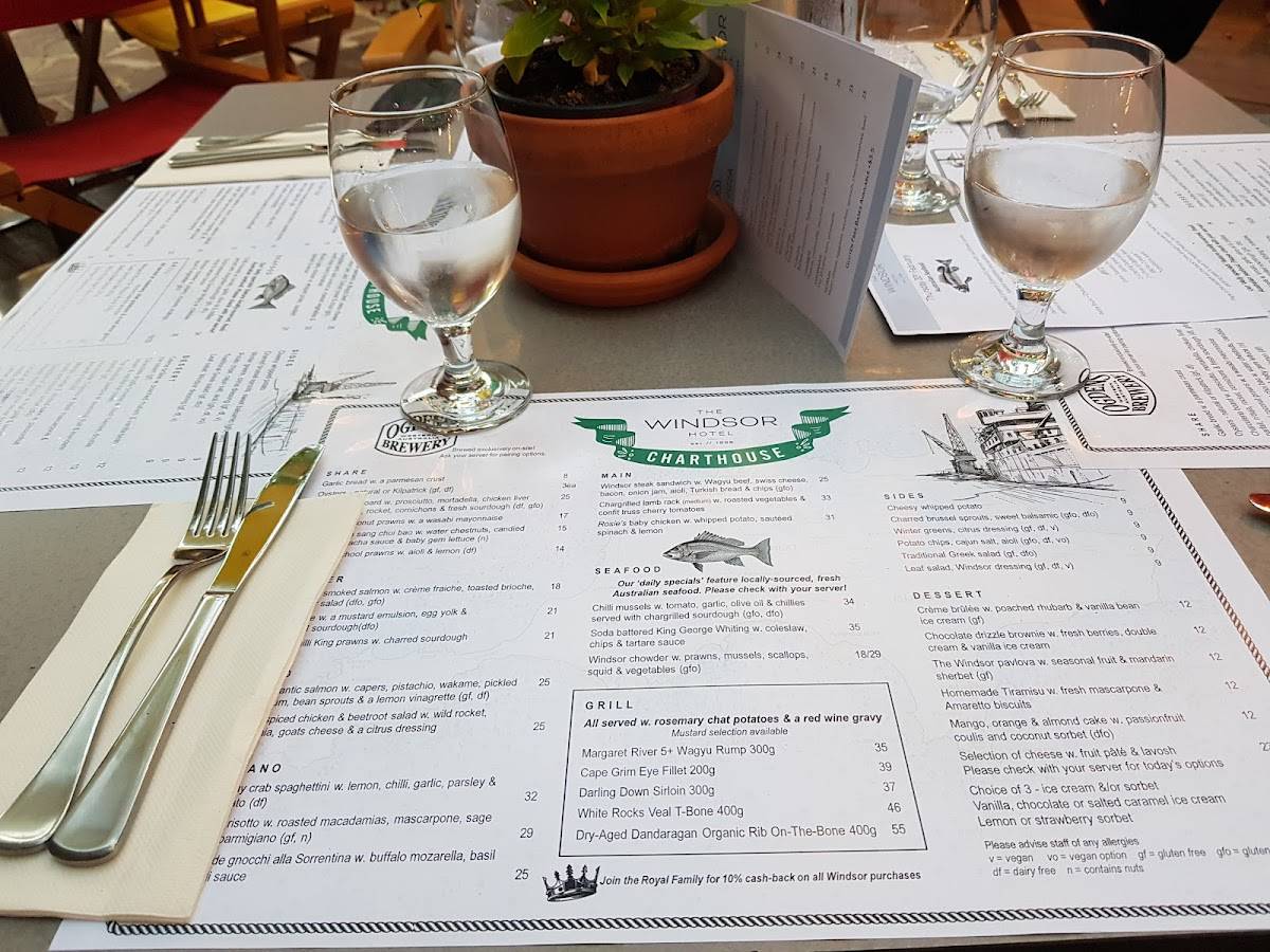 Menu at The Windsor Hotel restaurant, South Perth