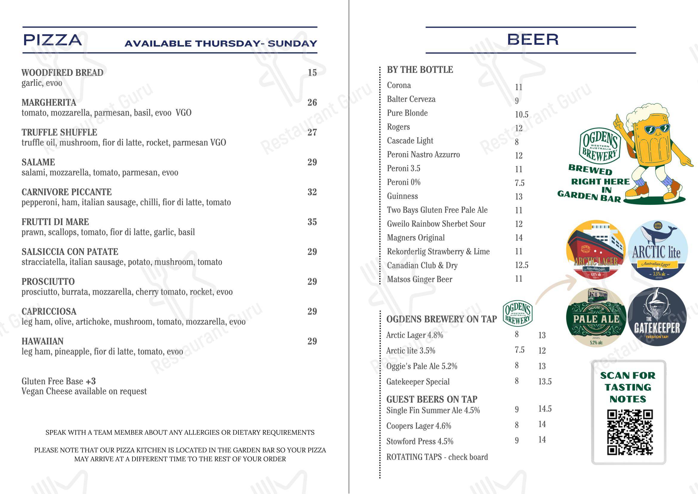 Menu at The Windsor Hotel restaurant, South Perth