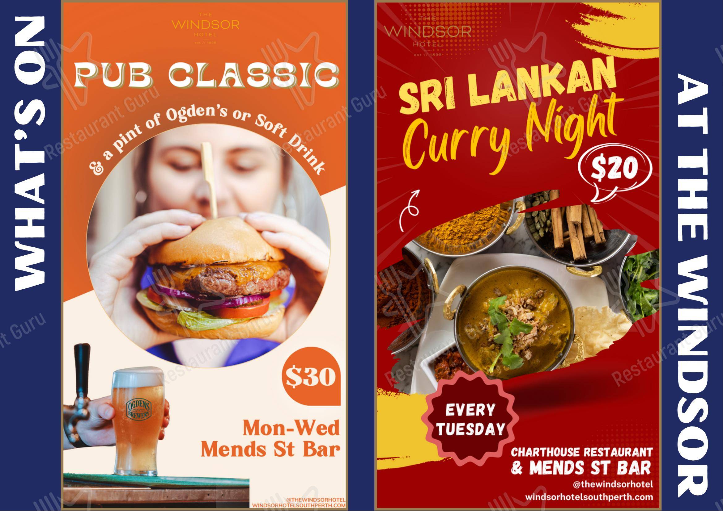 Menu at The Windsor Hotel restaurant, South Perth