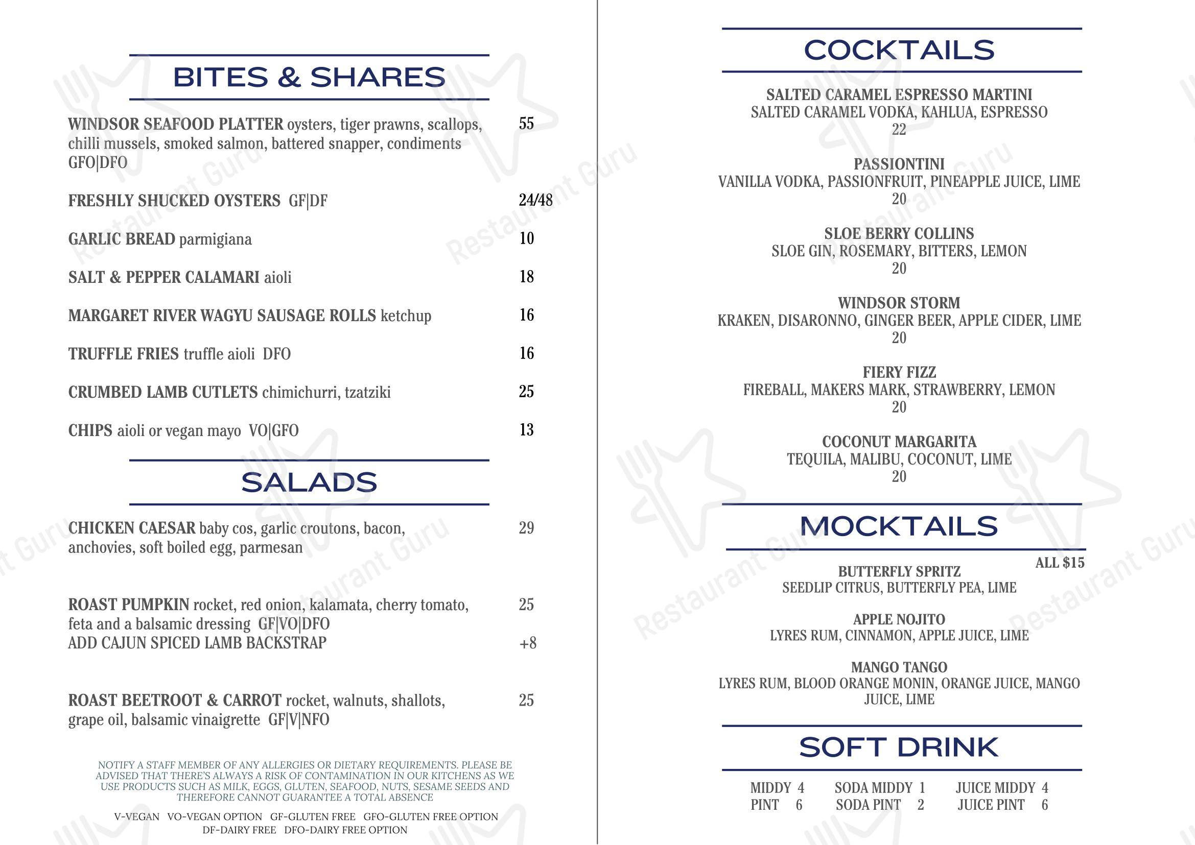 Menu at The Windsor Hotel restaurant, South Perth