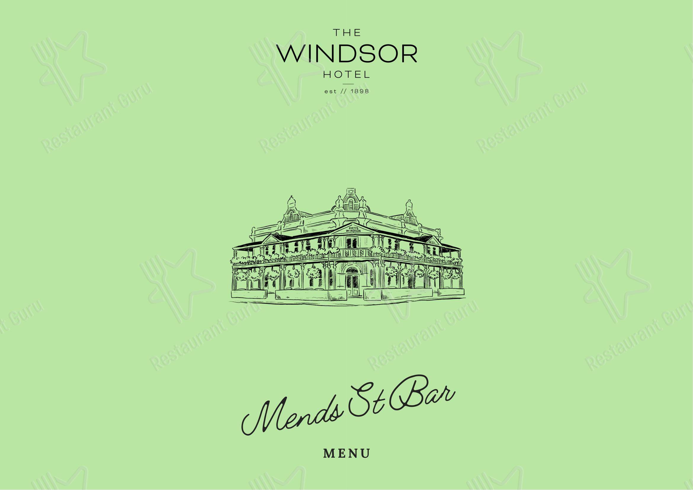 Menu at The Windsor Hotel restaurant, South Perth
