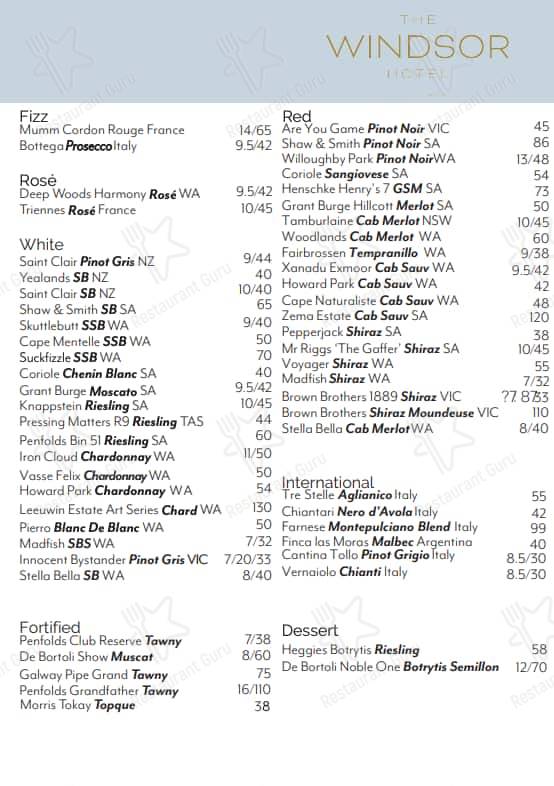 Menu at The Windsor Hotel restaurant, South Perth