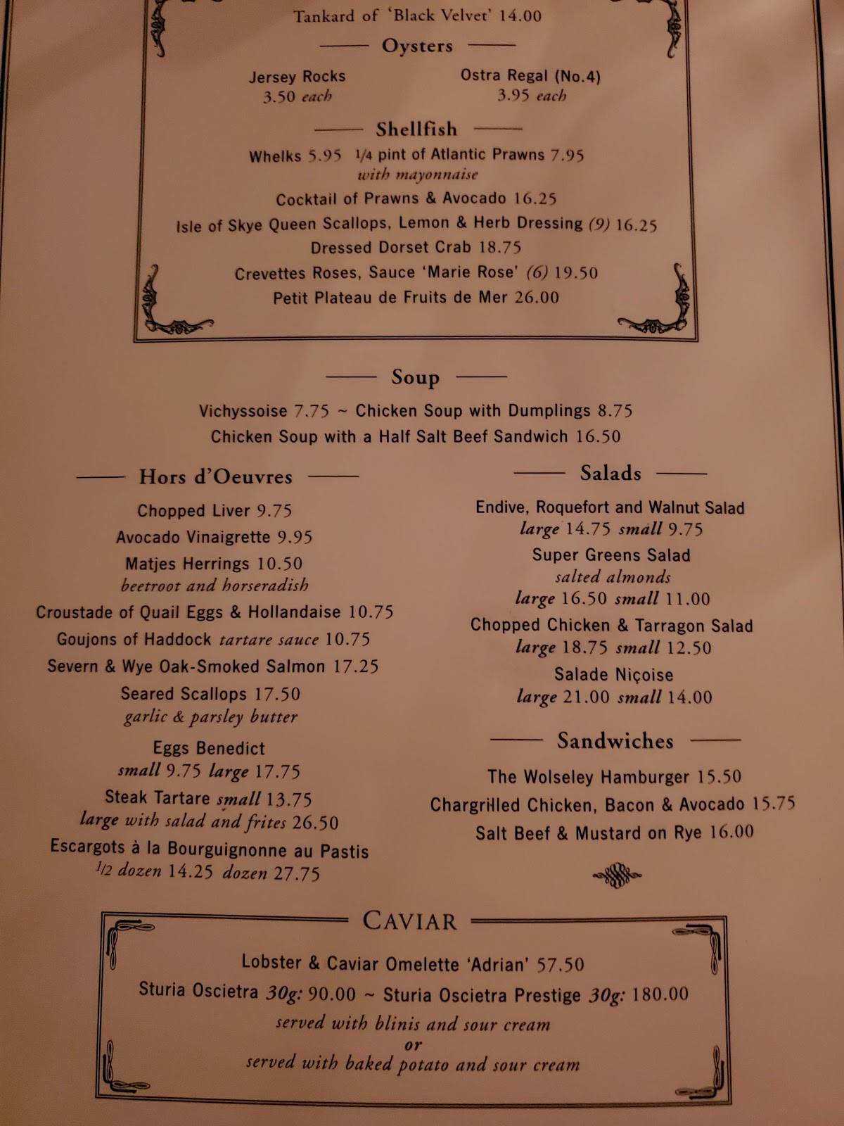 Menu at The Wolseley cafe, London
