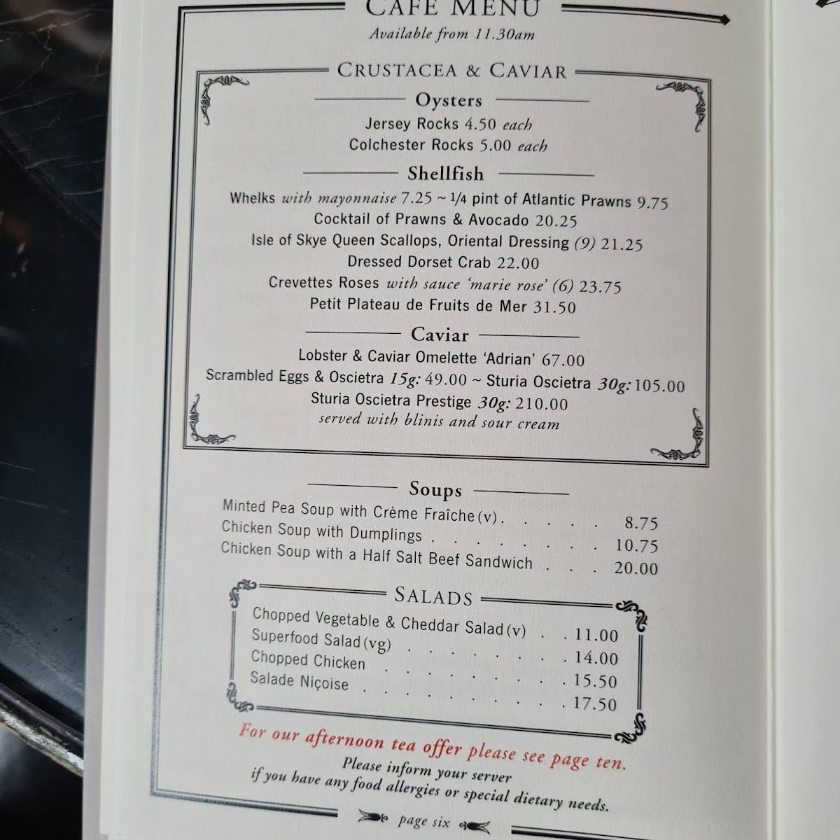 Menu at The Wolseley cafe, London