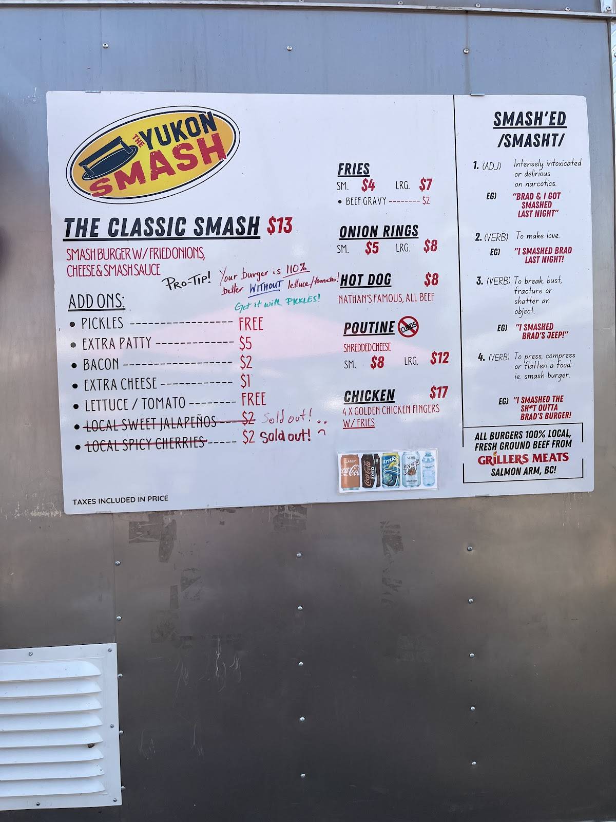 Menu at The Yukon Smash restaurant, Salmon Arm