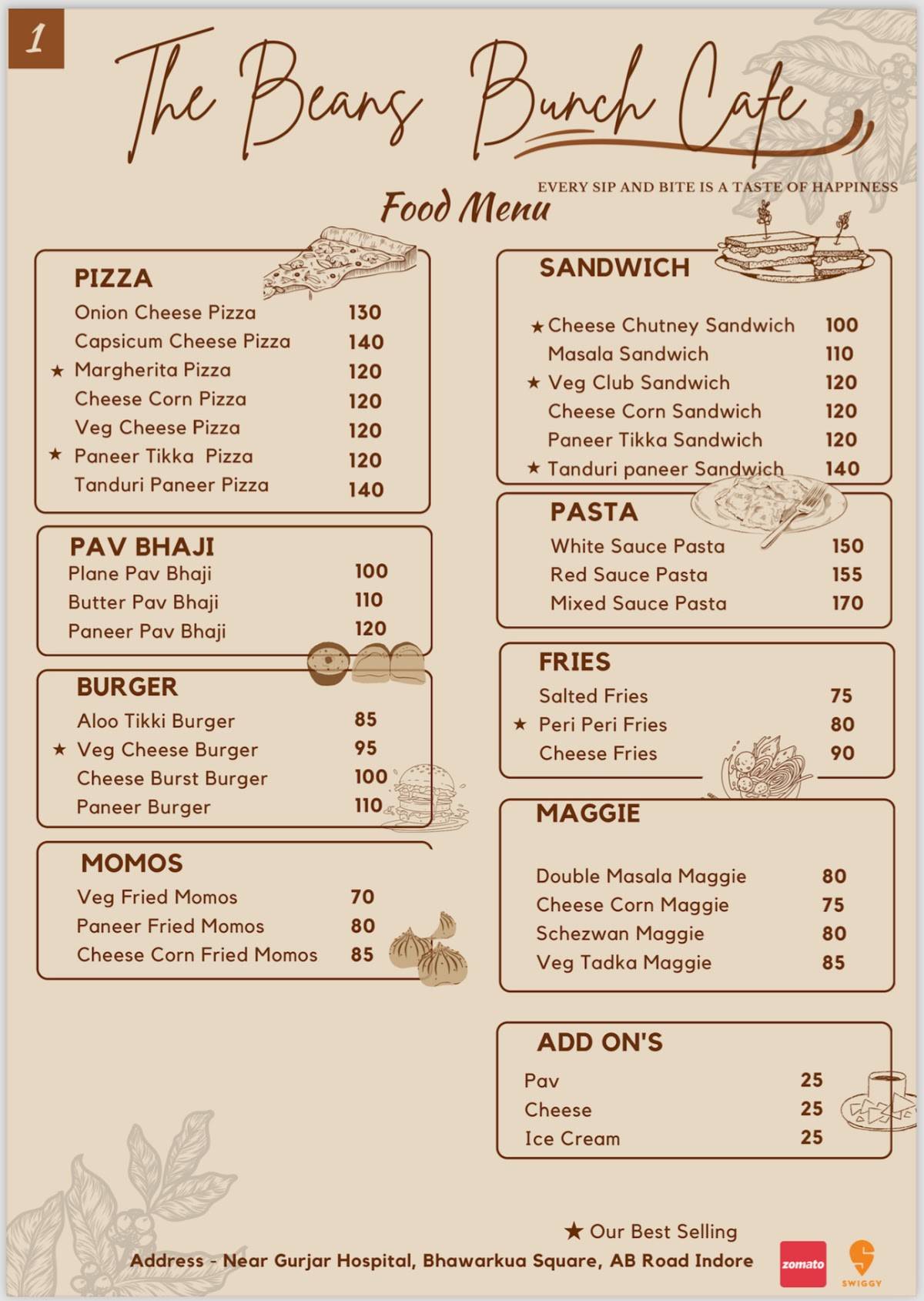 Menu at The beans bunch cafe, Indore