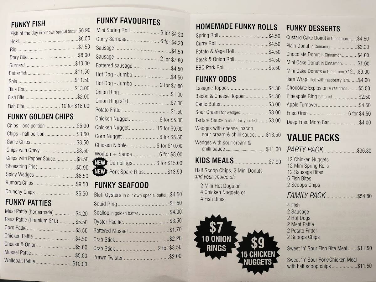 Menu at The new Funky Fish fast food, Blenheim